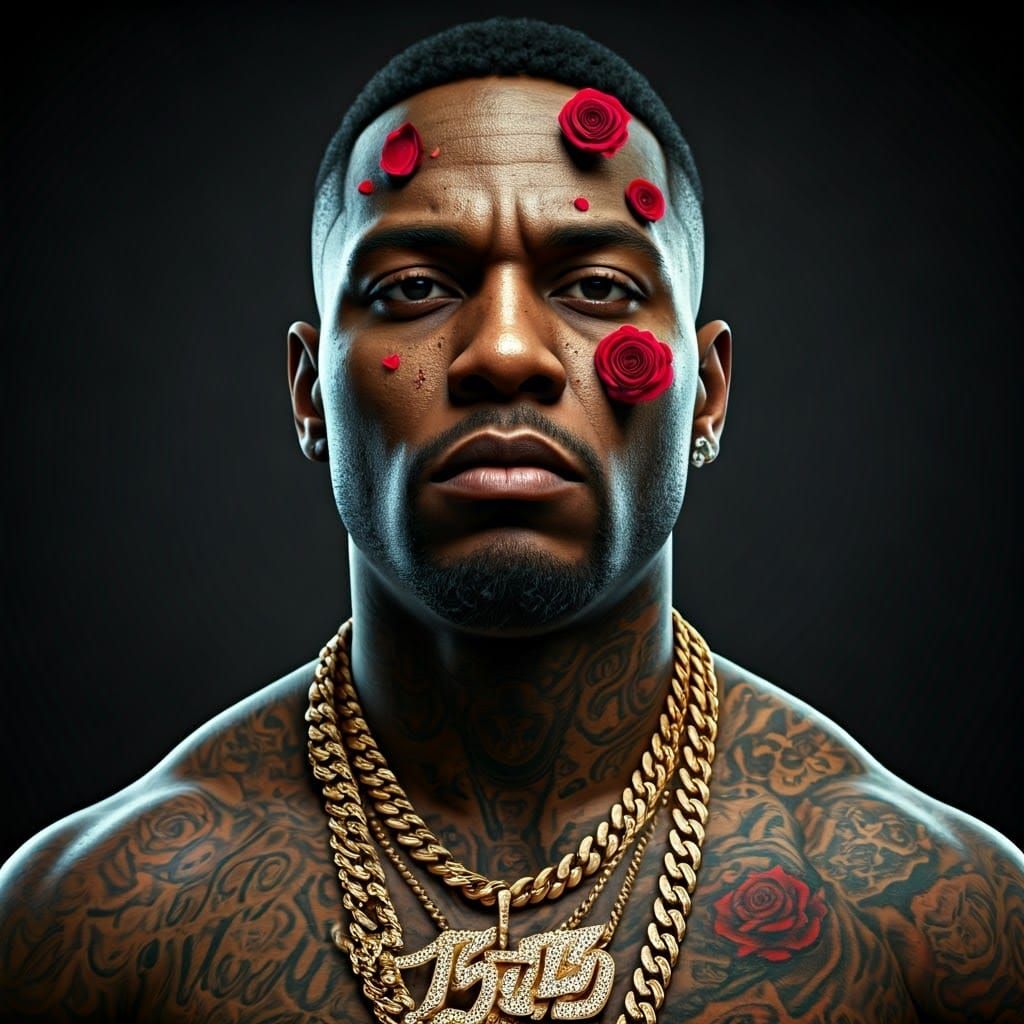 Gritty Gangster Rapper Enshrouded in Rose Petals - AI Art