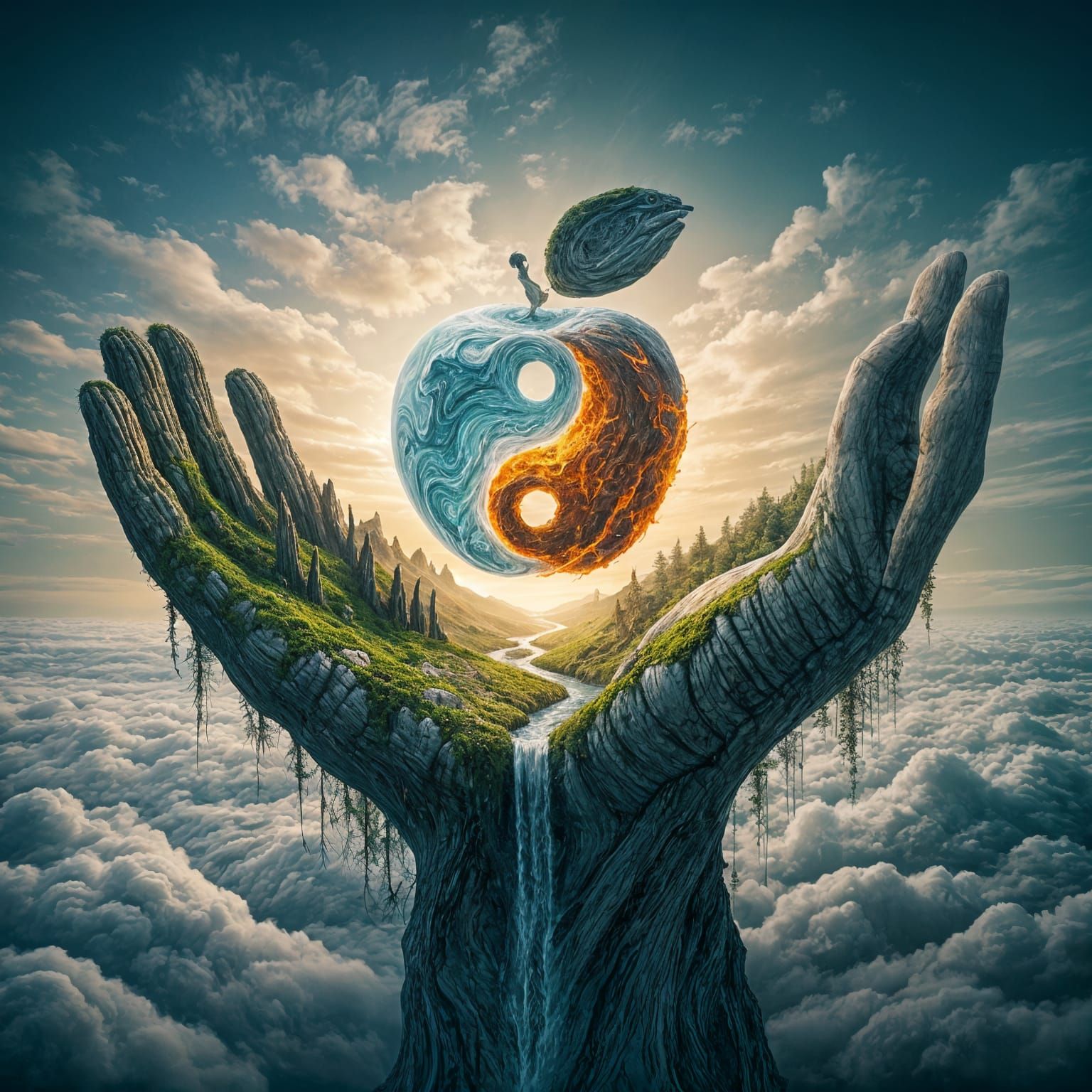 colossal hand holding a fire and ice apple