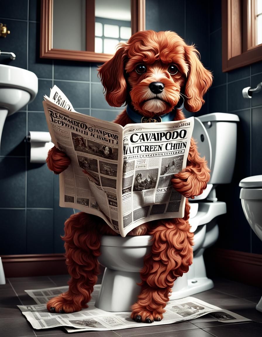 Red Cavapoo with white chin sitting on the toilet reading a newspaper - AI Generated Artwork ...