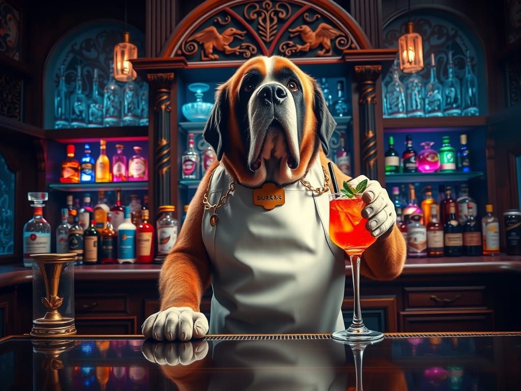 Barman dog - Majestic Saint Bernard Behind a Luxurious Bar i...