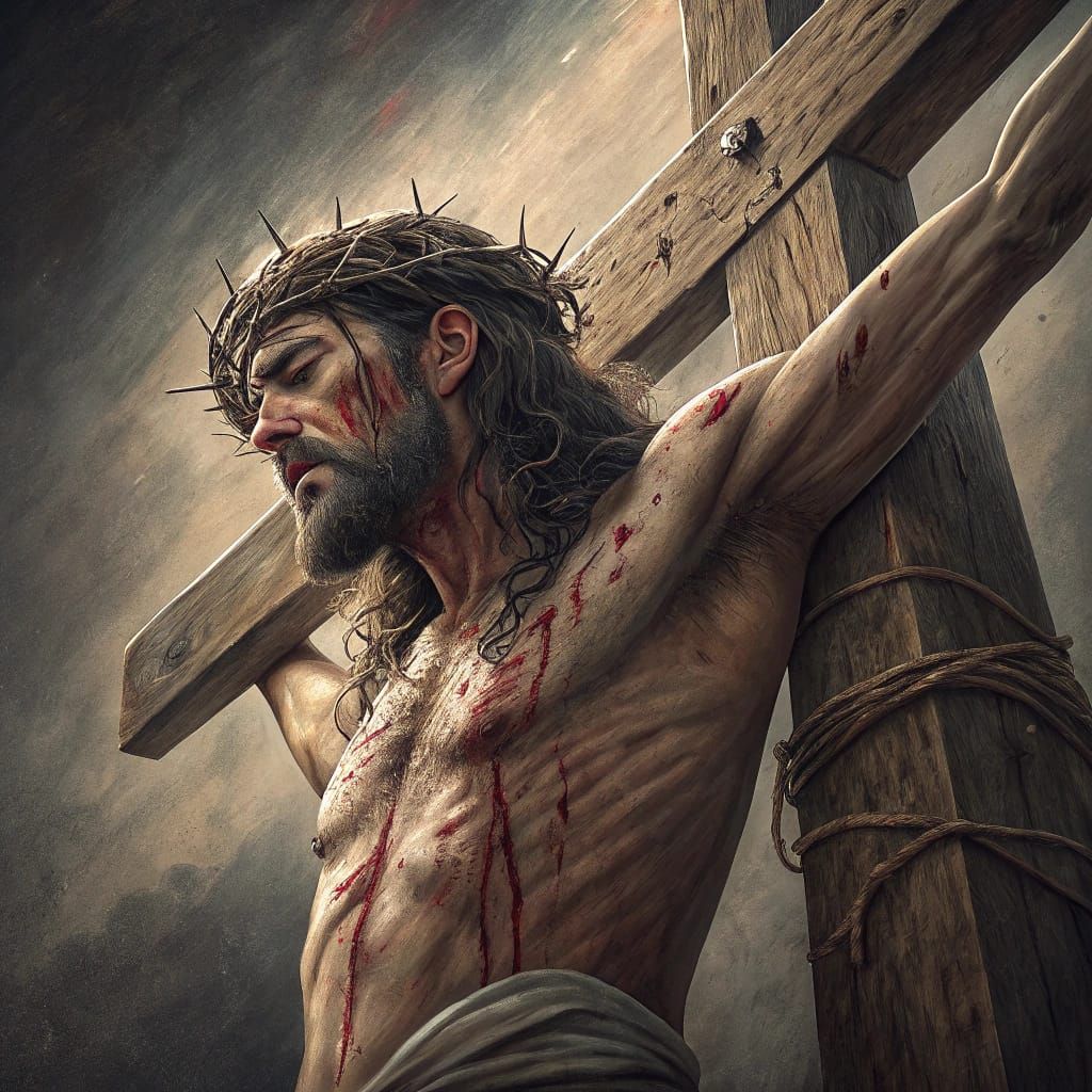 Jesus on the Cross, Worn and Bloodied, with Crown ... - AI Art