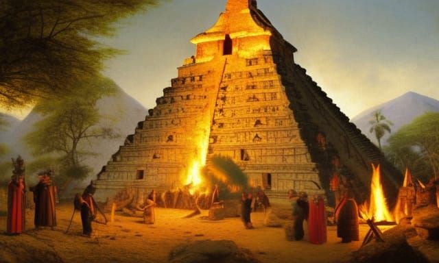 Priests gathering around a fire at an Aztec pyramid in a jungle classic ...