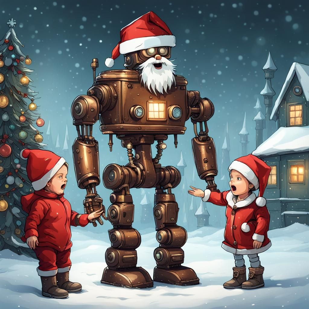 Mechanical robot Santa android is giving presents to a terrified and ...