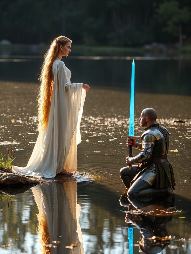 King Arthur, having received Excalibur from the Lady of the Lake
