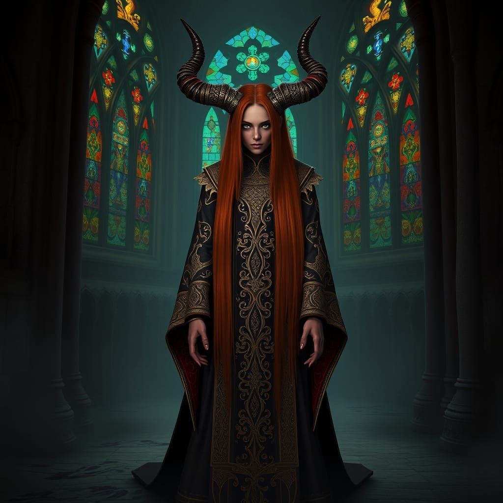 Dark Mystic Priestess in Burgundy Robe, Long Horns... - AI Art