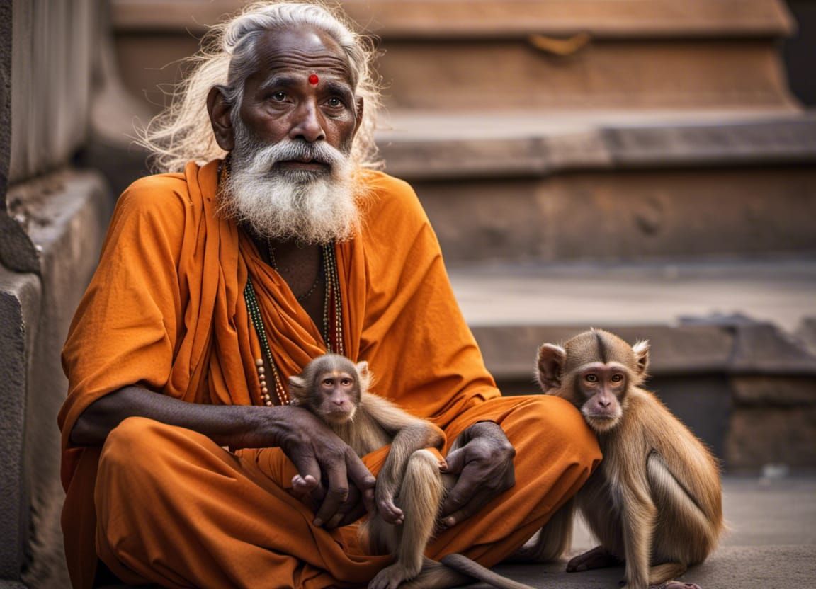 A holy man in Varanasi. sitting on stone steps with his monkeys. - AI ...