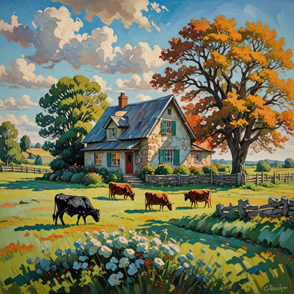 Idyllic Impressionist Scene of French Countryside ... - AI Art