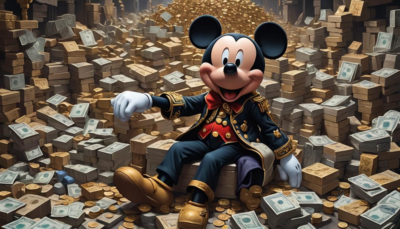 Mickey Mouse malvado derotando la economia en un trono sobre dinero ...