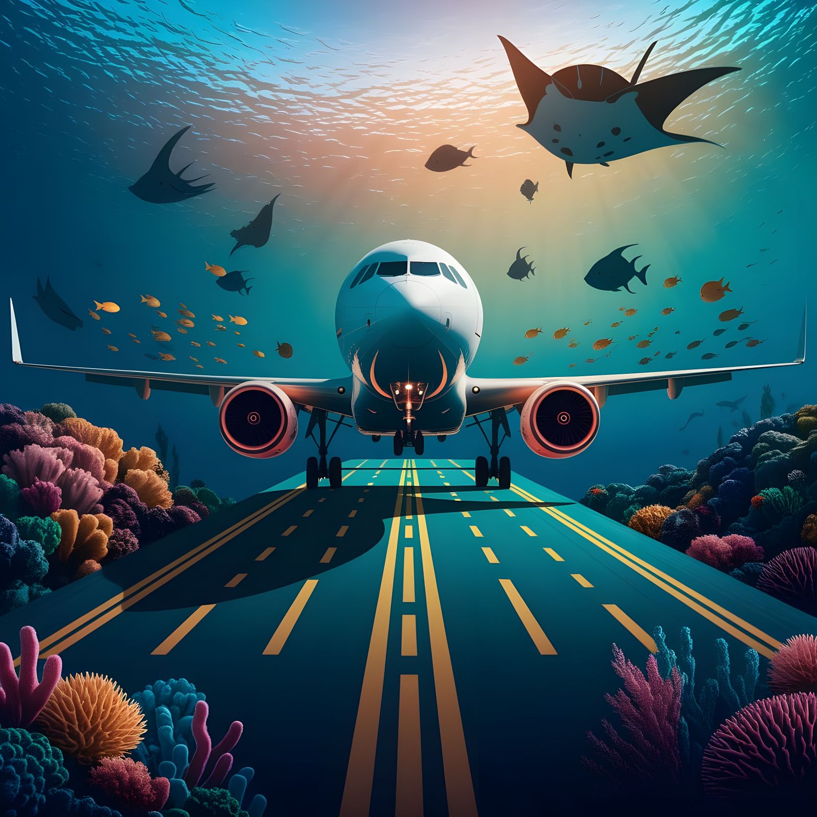 AN AIRPLANE IN TAKEOFF POSITION UNDER DEEPSEA WATER