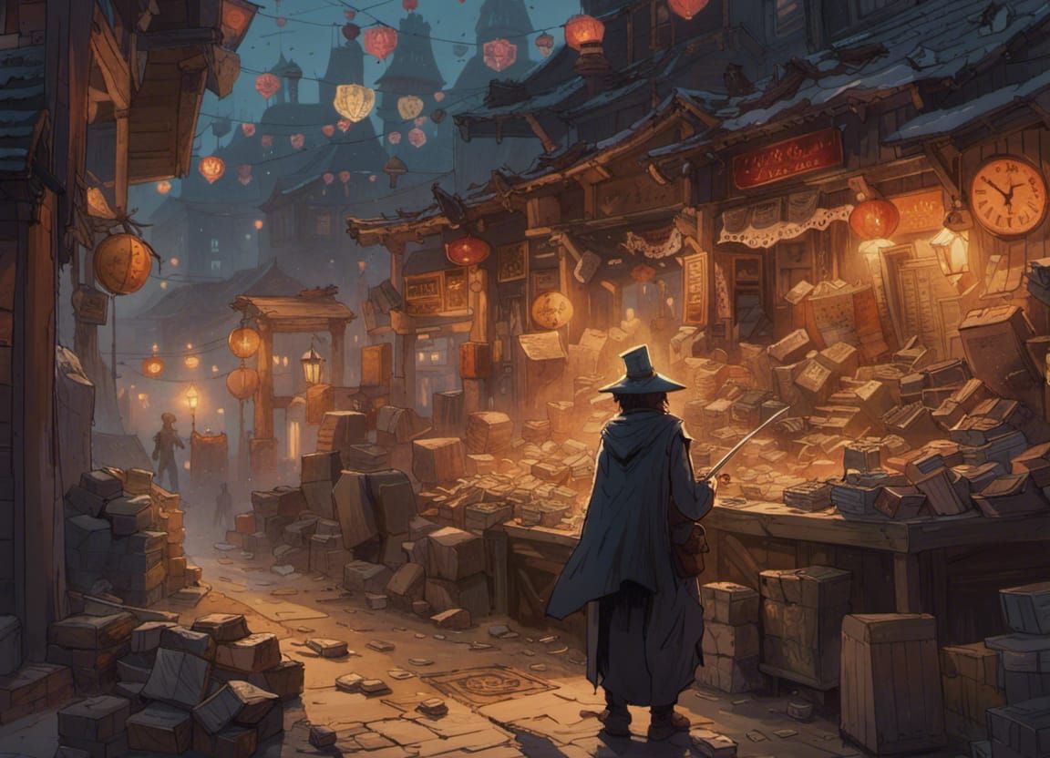 "Greedy and ominous masked merchant selling magically enchanted weapons ...