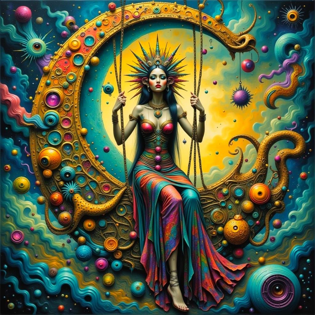 Swinging on the Moon - Gothic Goddess Swings Amidst Neon Dre...