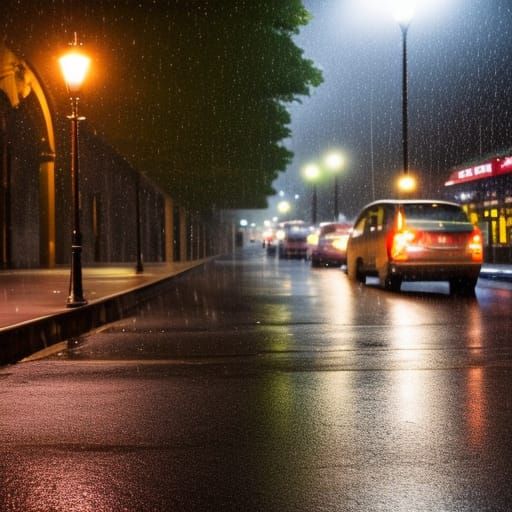 heavy rain falling to the ground under street lights Professional ...