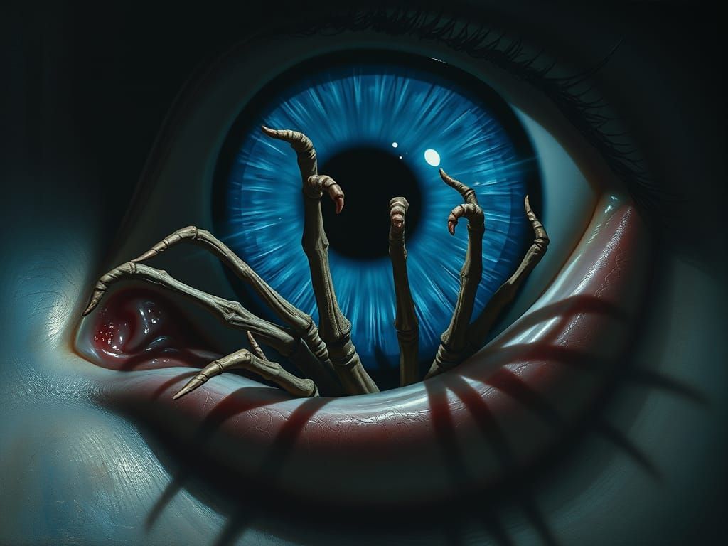 A grotesque, surreal scene of long, spindly fingers emerging from the ...