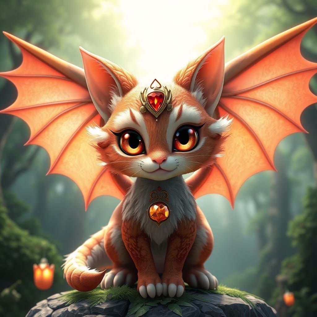 Majestic Fluffy Cat Dragon in Amber Hues Amidst a ... - AI Art