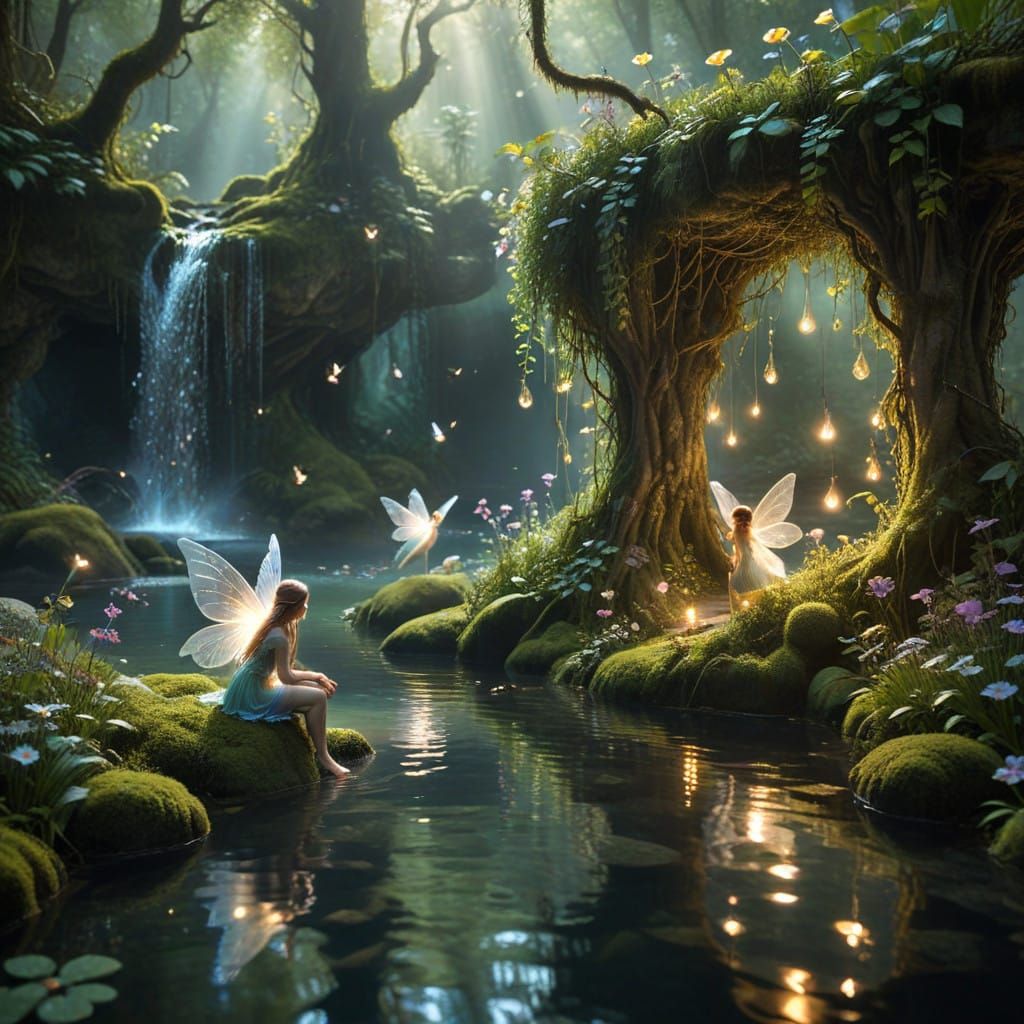"Create an enchanting fairy grotto nestled in an ancient forest. The ...