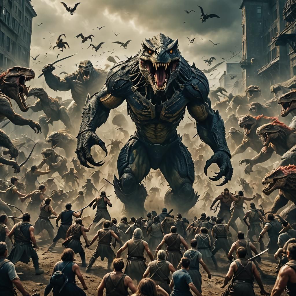 A 18 foot tall giant fighting as he is attacked a horde of humans ...