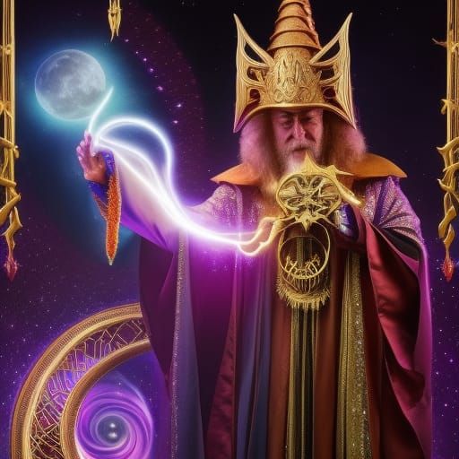 close up, ultrafine detailed Celestial wizard casting a spell from his ...