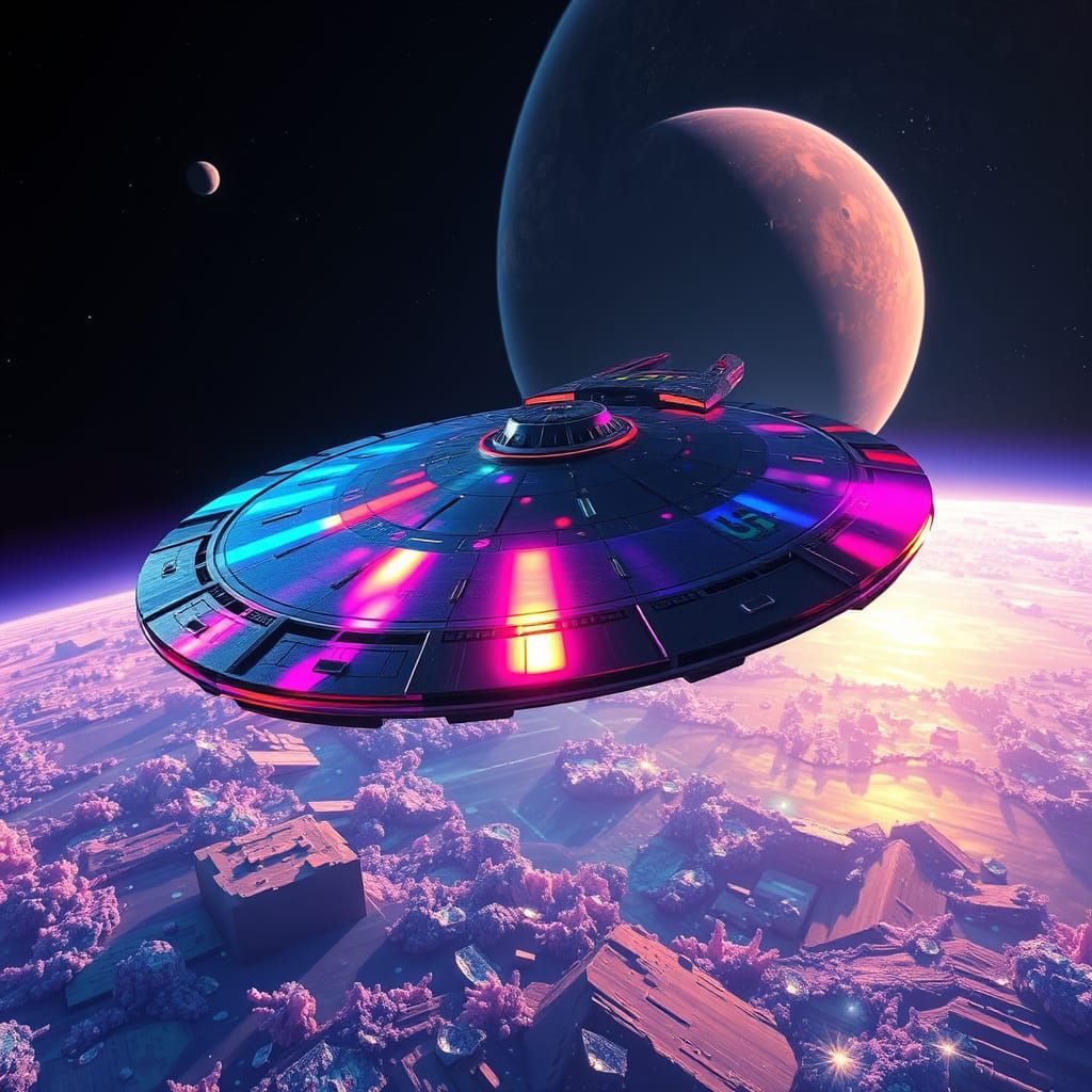 Sleek Starship Approaches Crystal Planet Amidst Vi... - AI Art