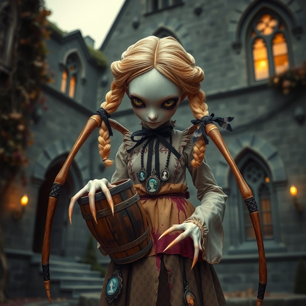 Waif-Like Spider Girl in Gothic Attire, Set Agains... - AI Art