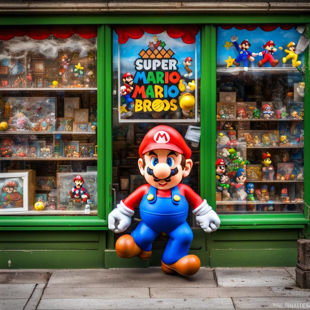 A toy shop window displaying Super Mario Bros. items, vibrant colors ...