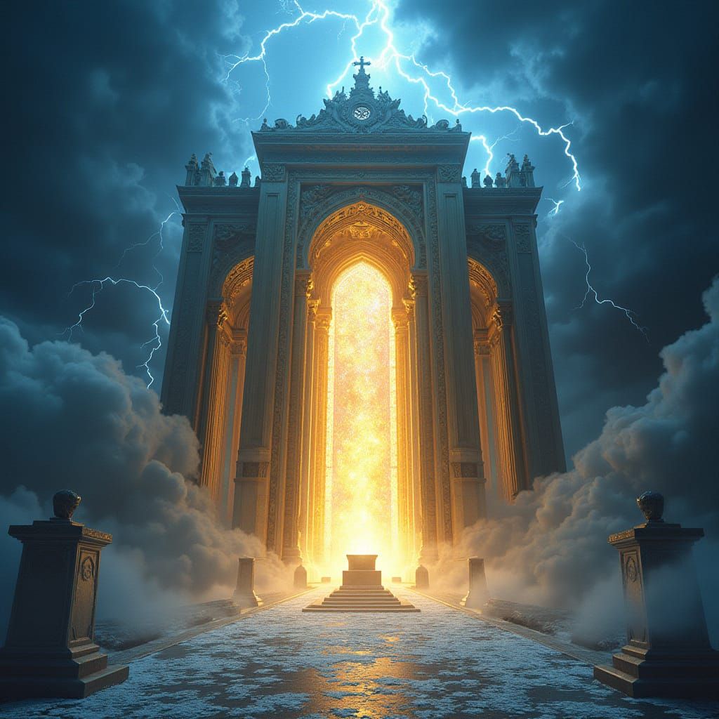 Ethereal Temple Ablaze with Divine Light and Elect... - AI Art