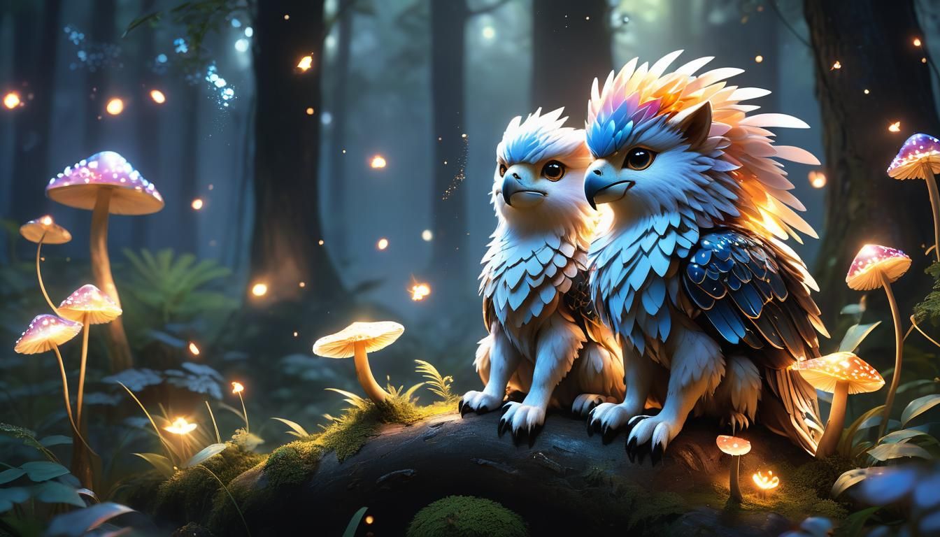 Griffin Cubs in a Forest - Whimsical Anime-Inspired Griffin ...