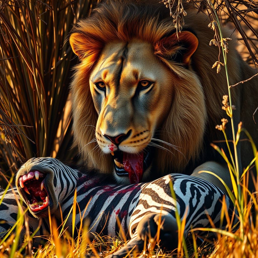 a gorgeous african lyon with his face covered by blood is munching on a ...