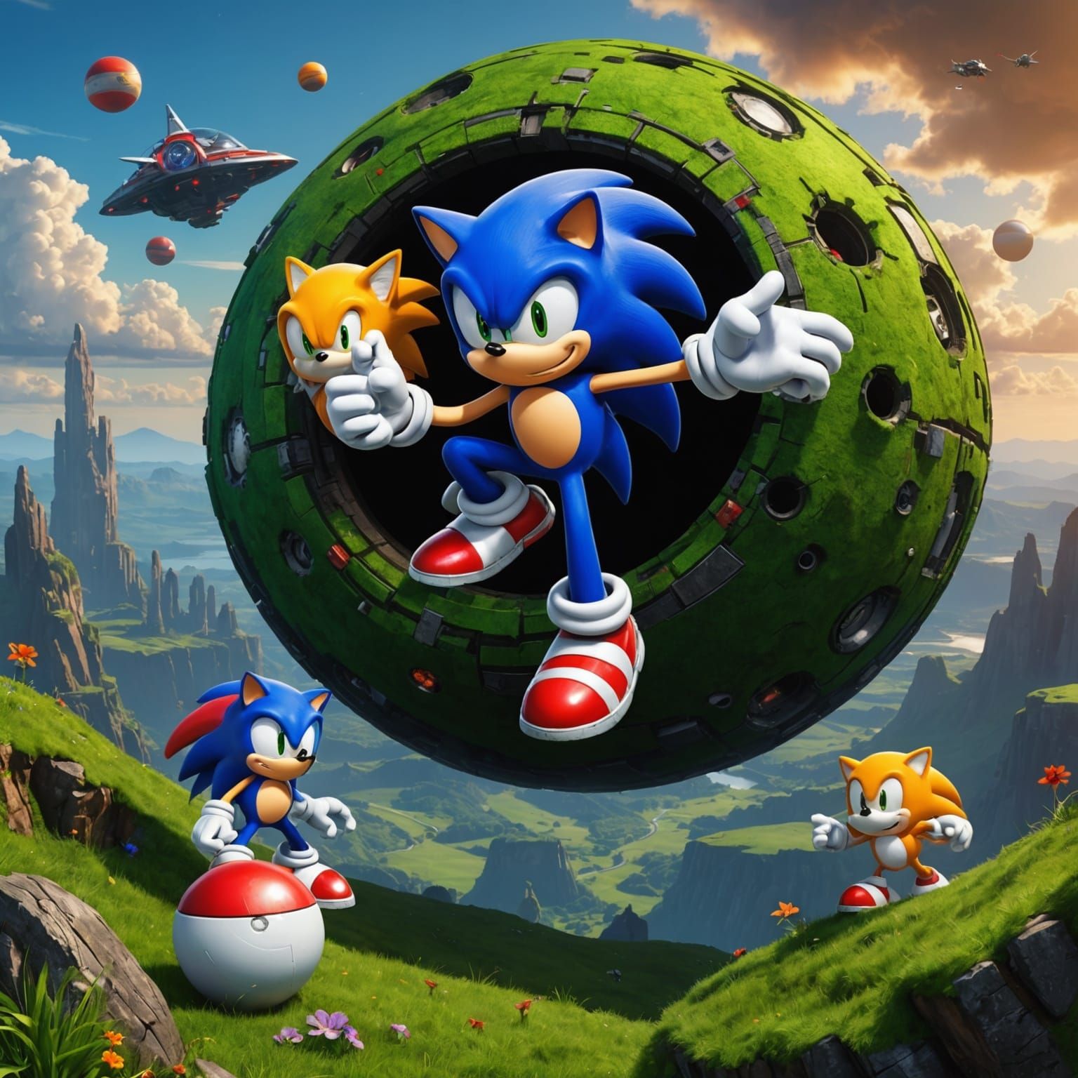 Prompt: Sonic knuckles, Tails, and Shadow standing on a green hill ...