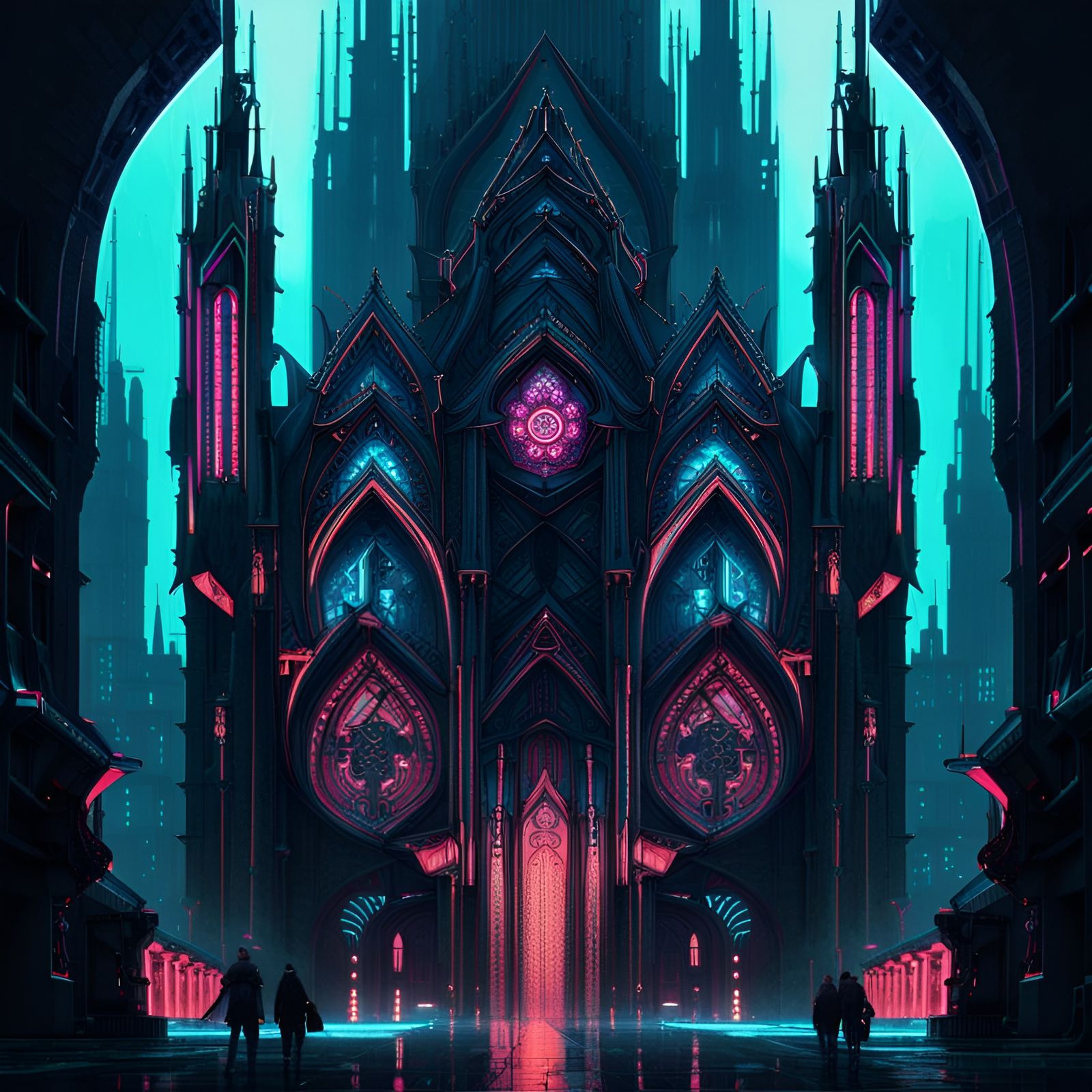 symmetrical. massive Gothic cathedral in a cyberpunk gothic city. Neon ...