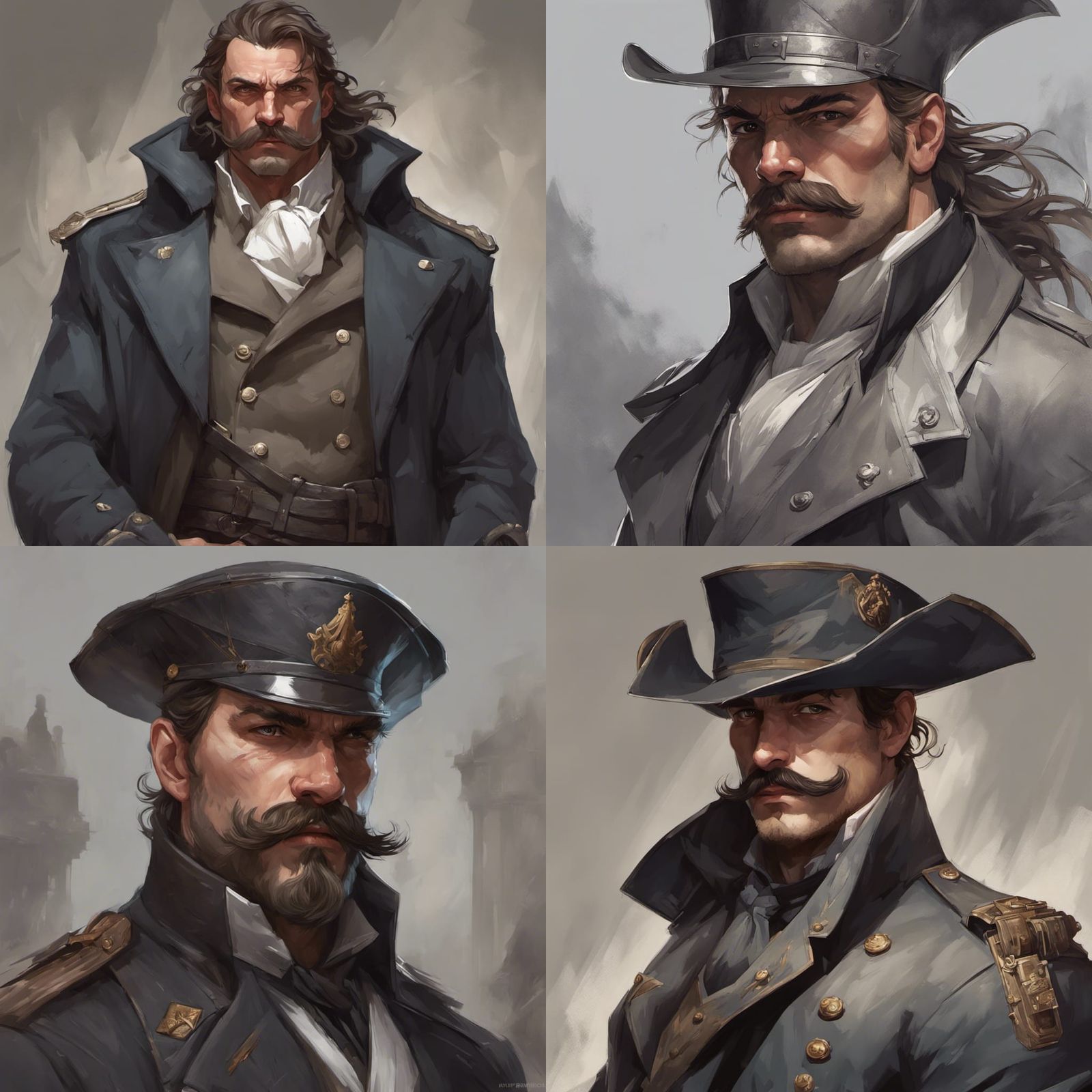 young guard, burly, muscular, dark trenchcoat, dark tricorne, mustache ...