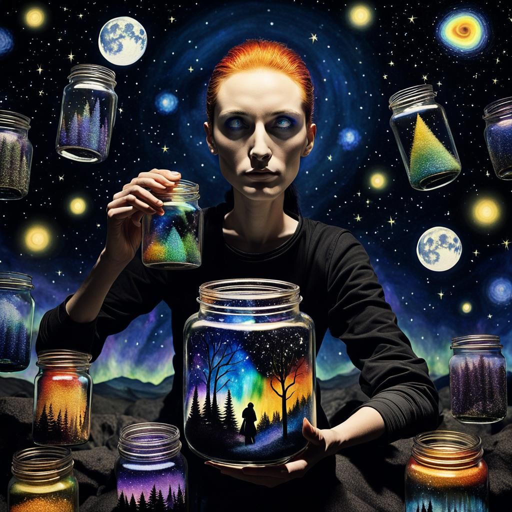 gothic sandman holds people's dreams in jars ,photogram of collection ...