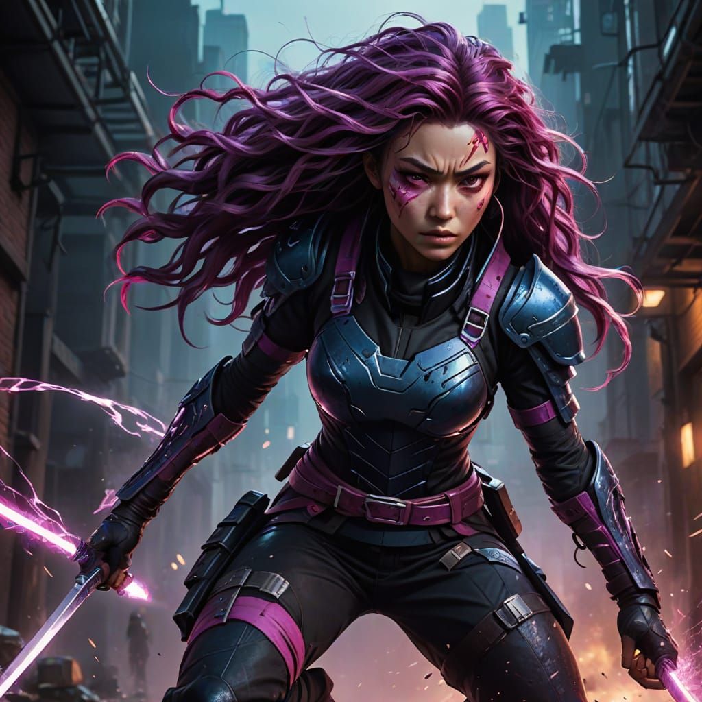 Magenta-Haired Dark Ninja in Powerful Stance - AI Art
