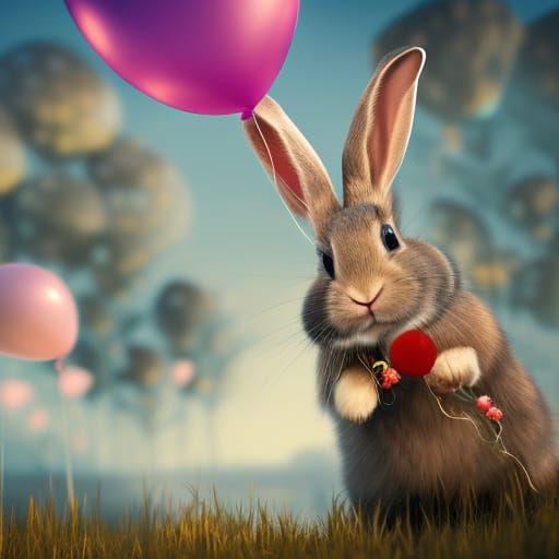a rabbit holding balloons in a field - AI Generated Artwork - NightCafe ...
