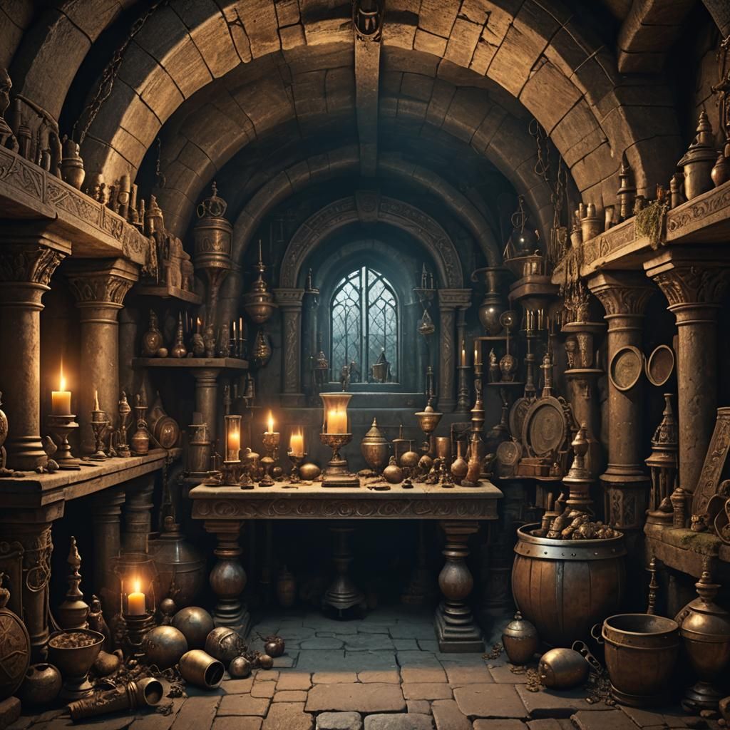 medieval secret underground chamber with antique items and chalices ...