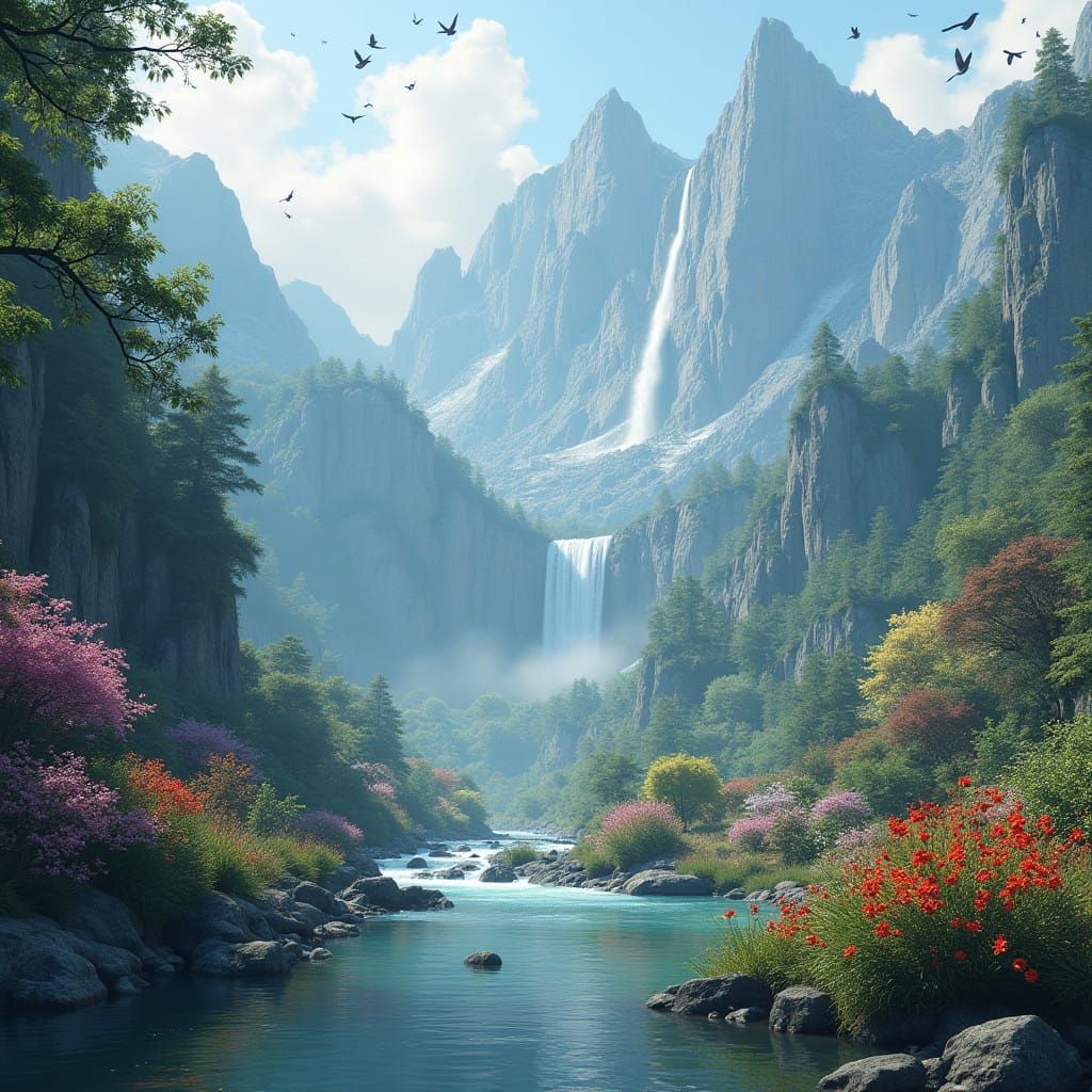 Fantastical Mountain Scene with Hyperrealistic Det... - AI Art