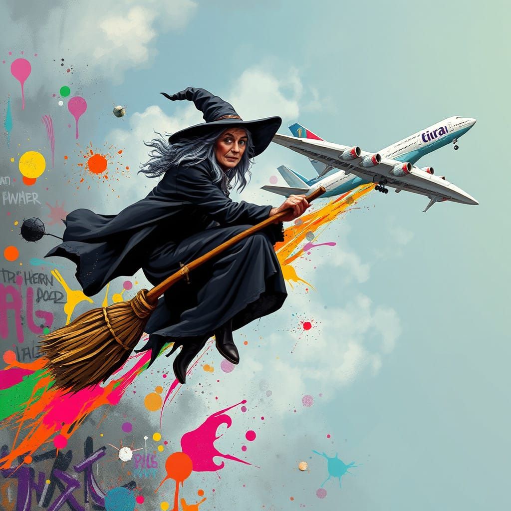 Witch Soars Past Airplane in Vibrant, Impasto-Insp... - AI Art