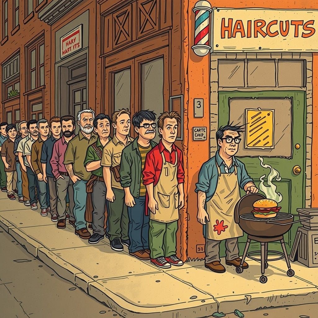 "What is this? Some kind of barber-queue?"