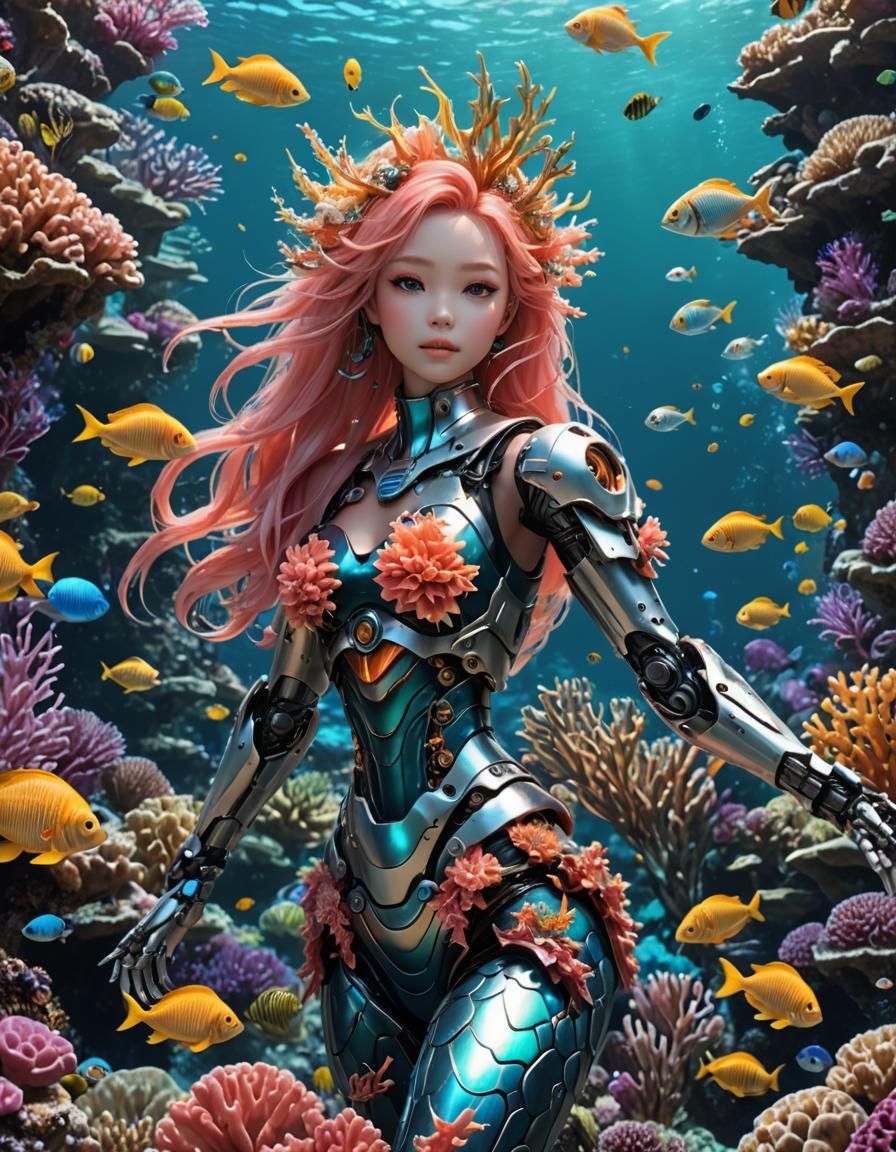 (beautiful artwork of a robot mermaid in a Coral reef with many fish:1 ...