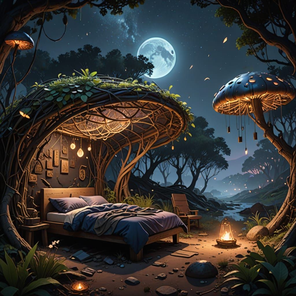 Mystical Shelter in a Starlit Riverbed - AI Art