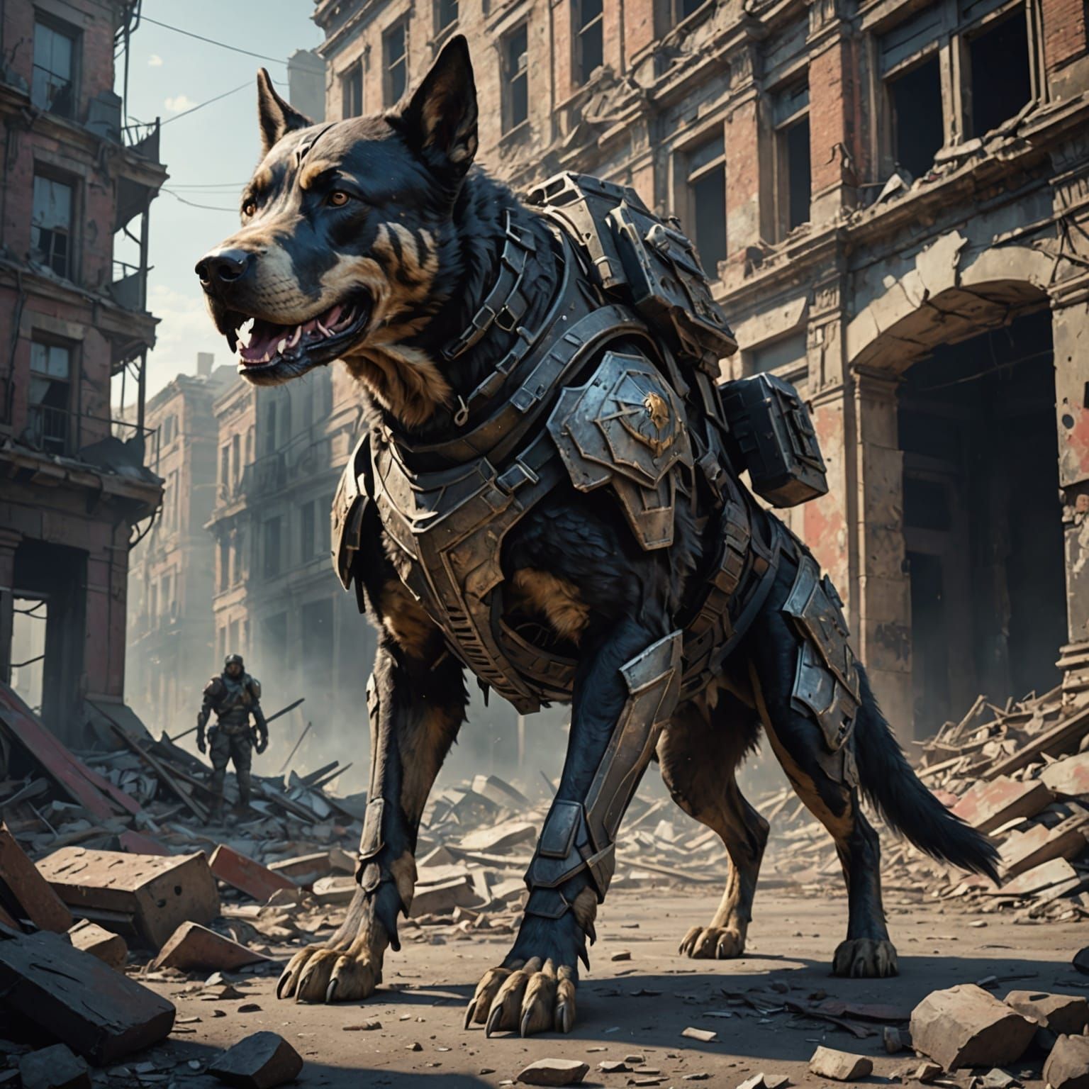 Giant mutant dog, standing, slight reptilian features, wearing rags and ...