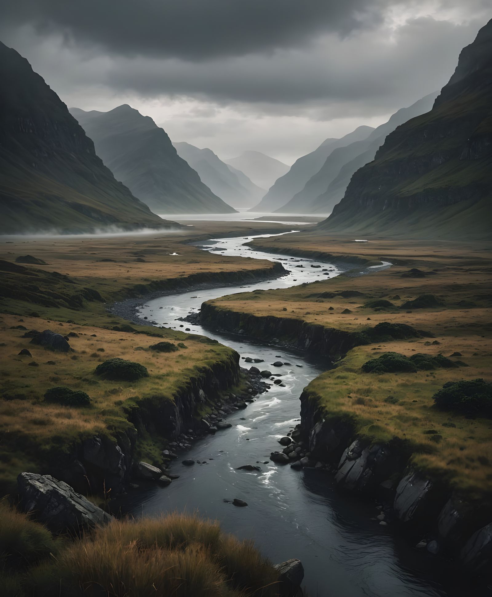 A vast, moody landscape under overcast skies, featuring mist-covered mountains, a quiet winding ...