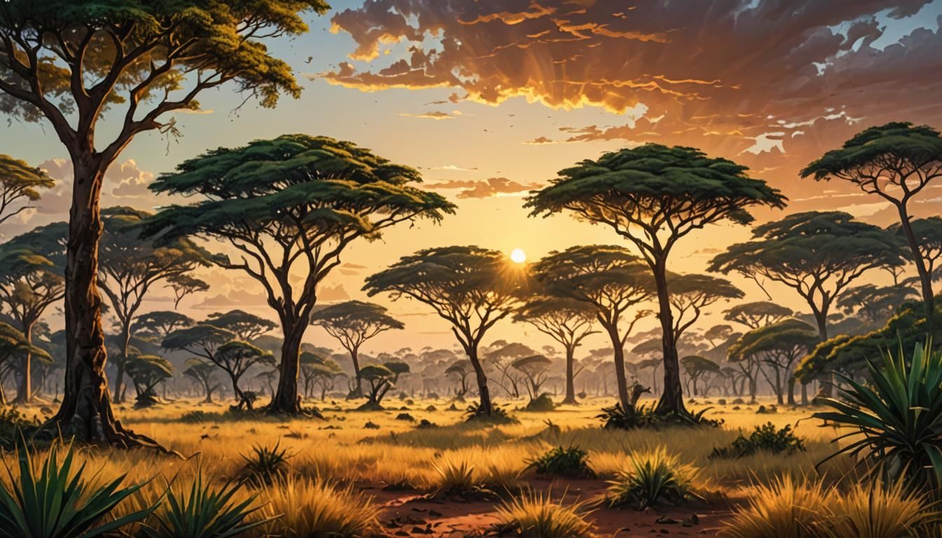 Digital painting, landscape painting, sprawling African tropical ...