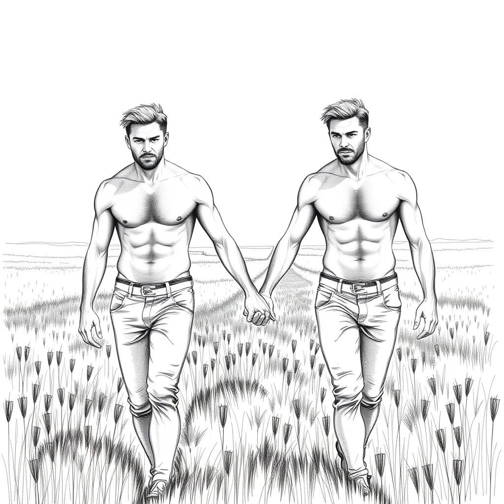 Two Handsome Men Stroll Through a Green Field in a... - AI Art