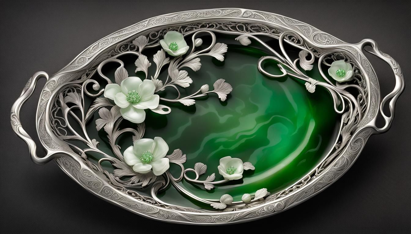 Art Nouveau silver dish inlaid with jade - AI Generated Artwork ...