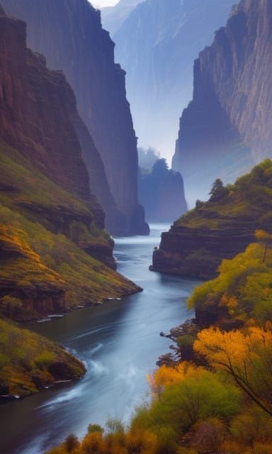 A view of massive canyon with sheer rock faces and river running ...