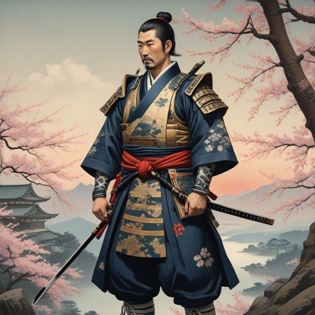 Old English lithograph of a samurai, art style by Utagawa Kunisada,