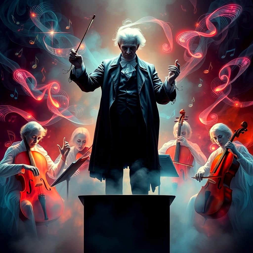 A ghost conductor leading phantom musicians as they play