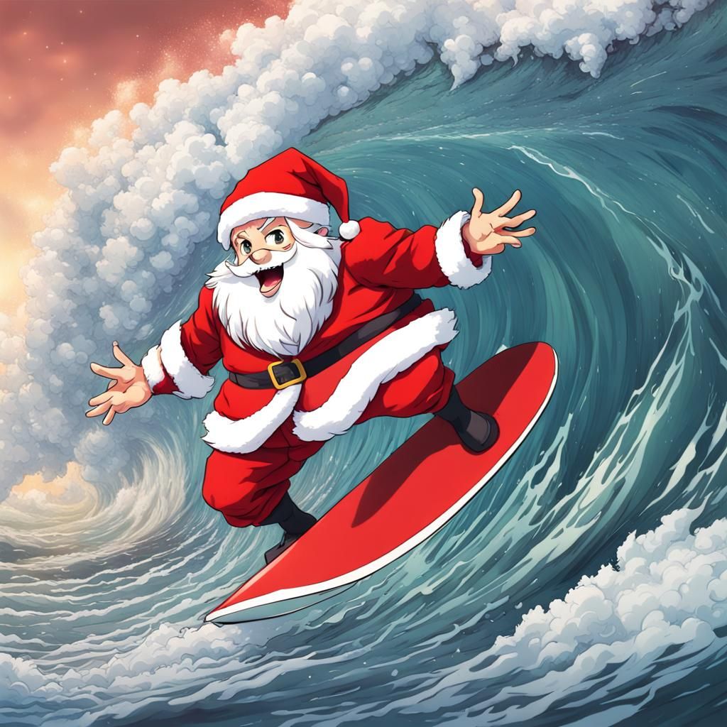 Santa surfing a big wave - AI Generated Artwork - NightCafe Creator
