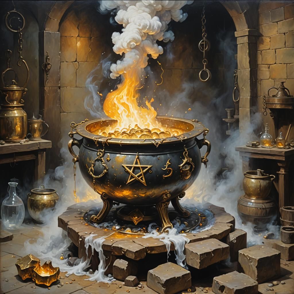 Cauldron with a pentacle on the front, full of bubbling molten gold ...