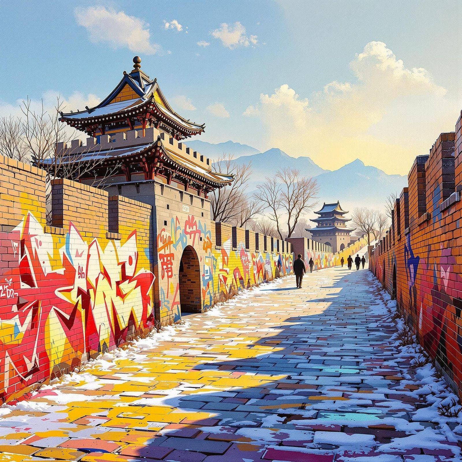 Graffiti on the ancient city wall of Xianyang under the warm afternoon sun/